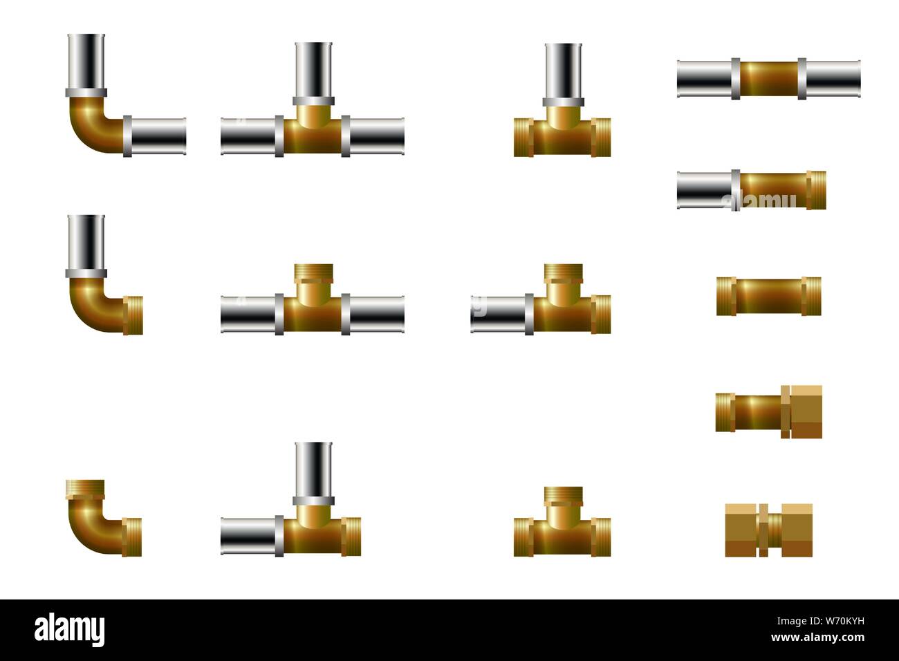 Fittings for plastic pipeline. Vector illustration. Set of tee, angle ...
