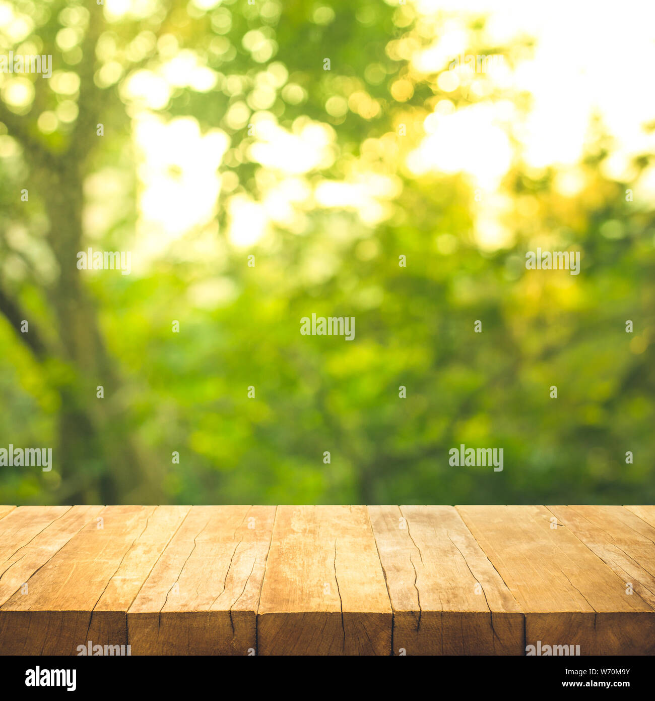 Empty wood table top on blur abstract garden and house background. For ...