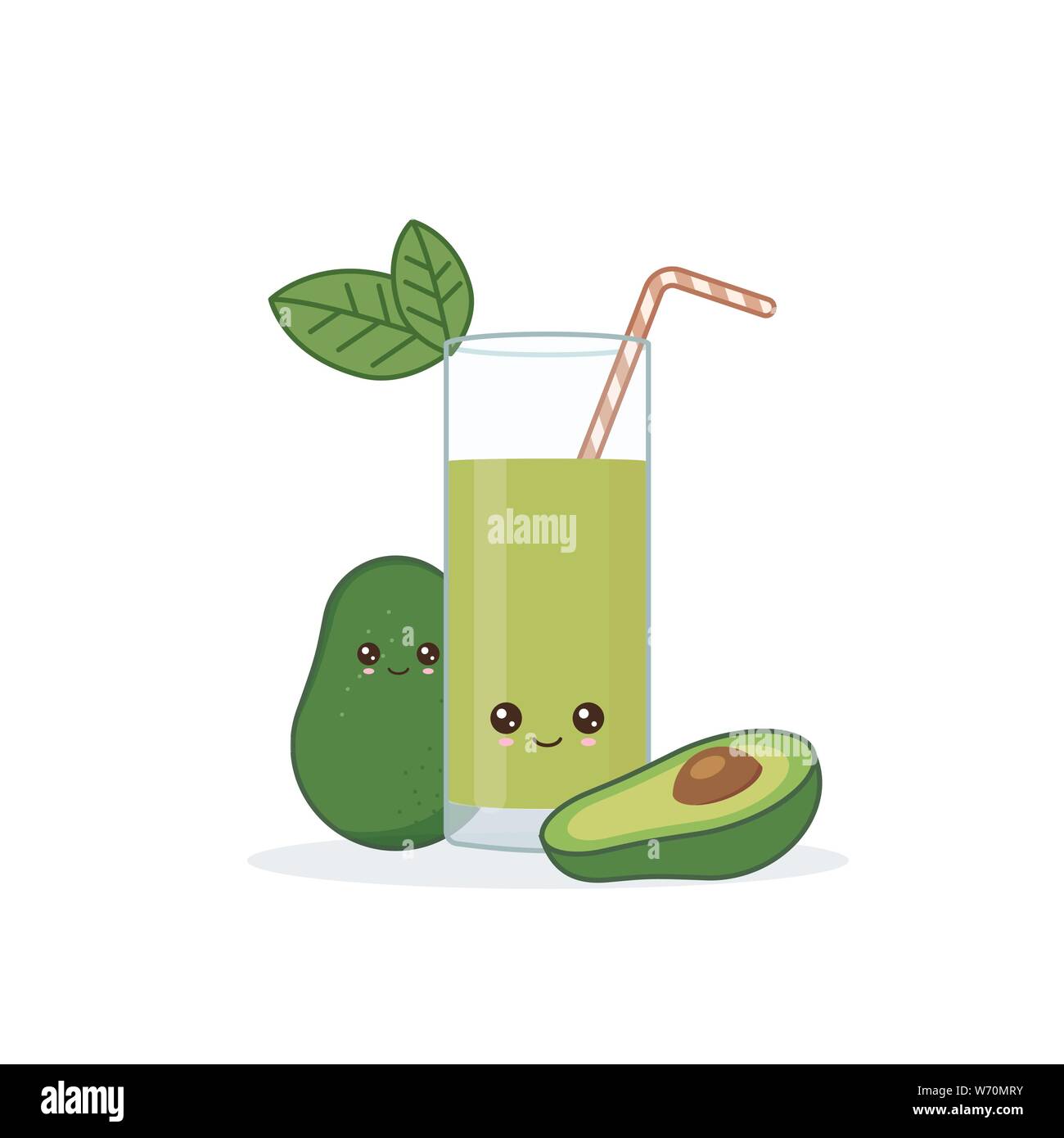 avocado juice. Cute kawai smiling cartoon juice with slices in a glass ...