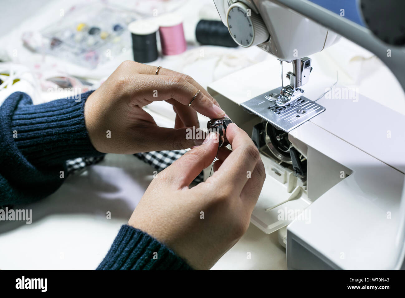 Close up fashion designer tailor clothing with sew equipment.top view ...