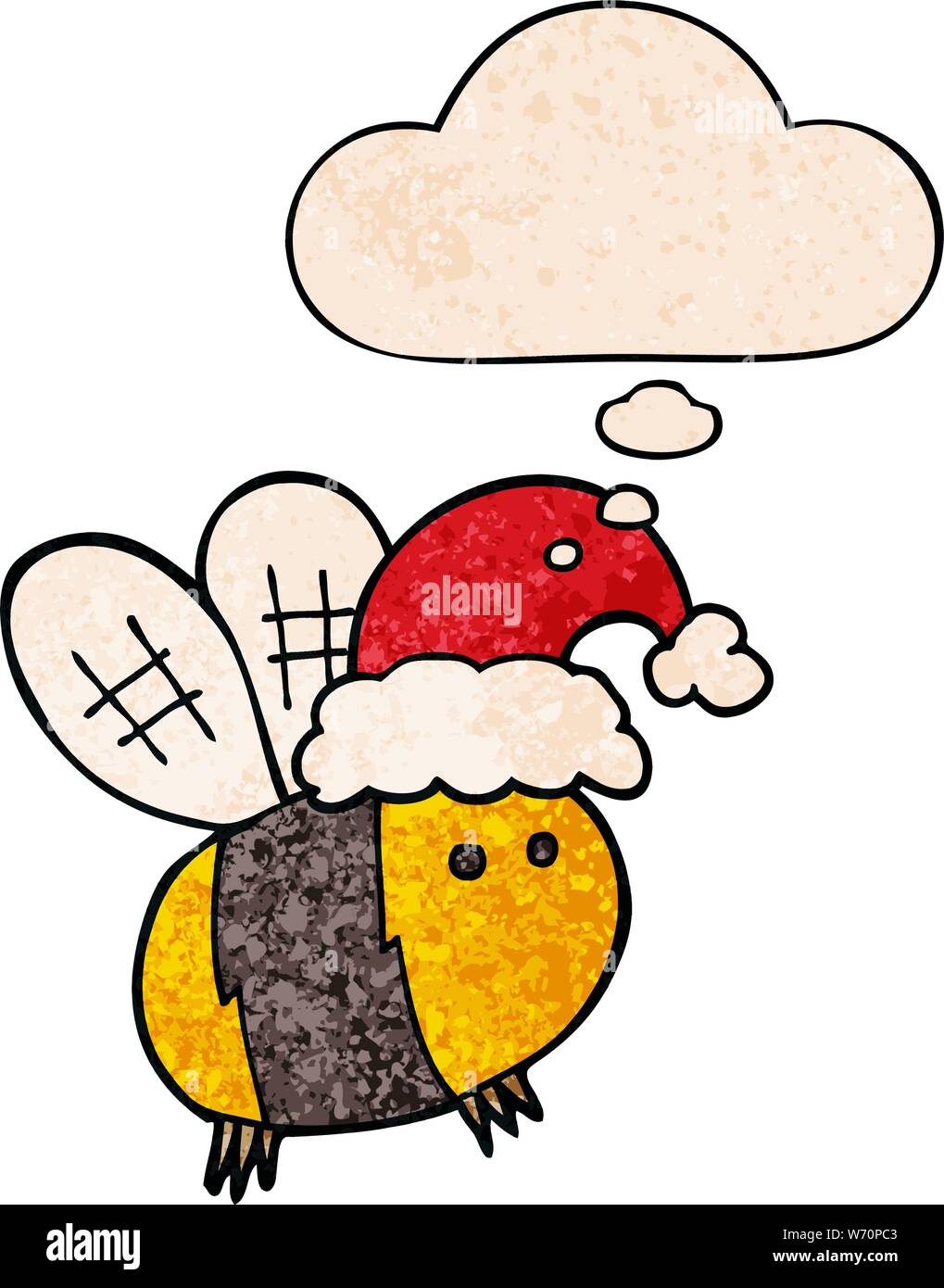 cute cartoon bee wearing christmas hat with thought bubble in grunge ...