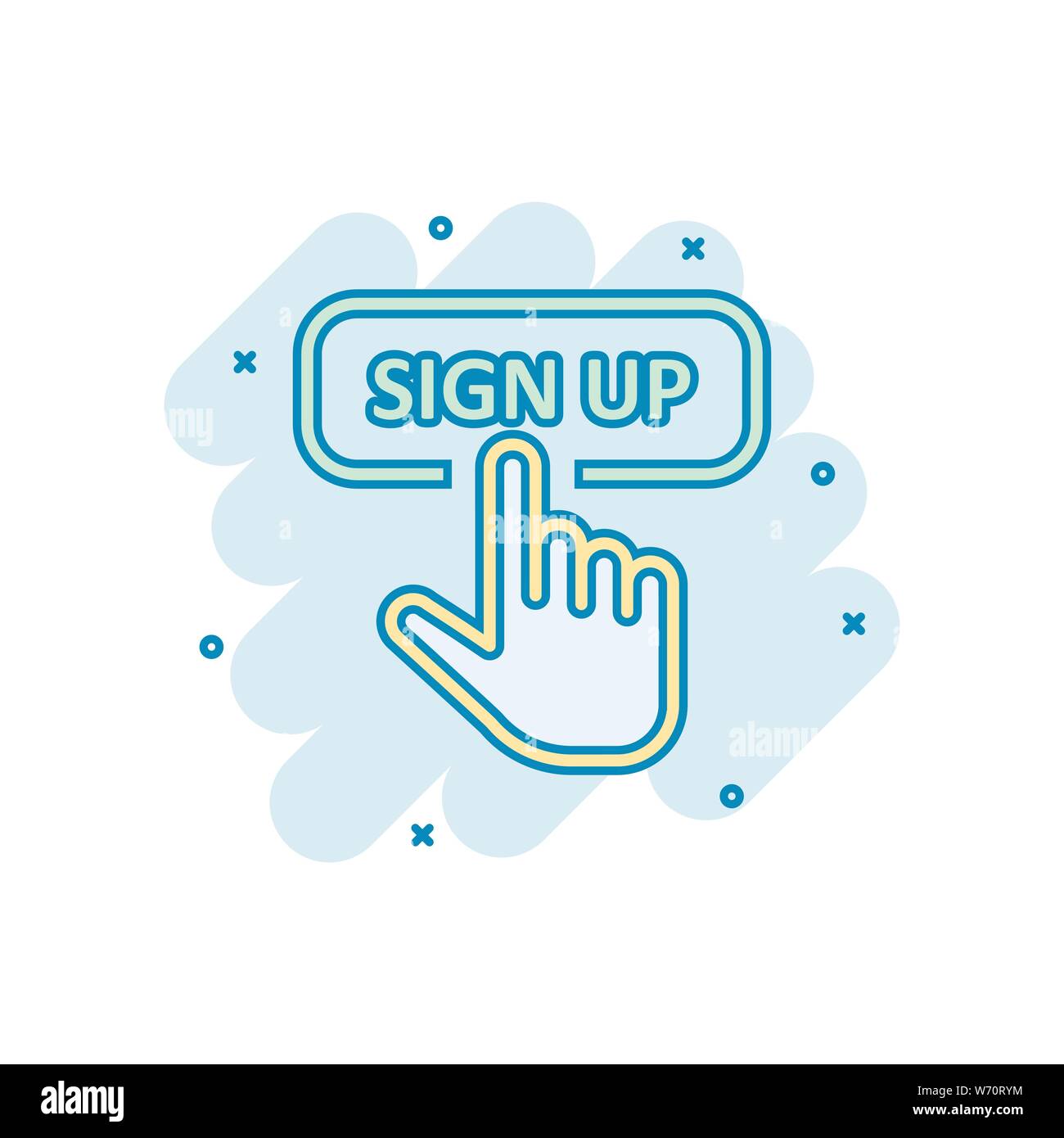 Sign up icon in comic style. Finger cursor vector cartoon illustration ...