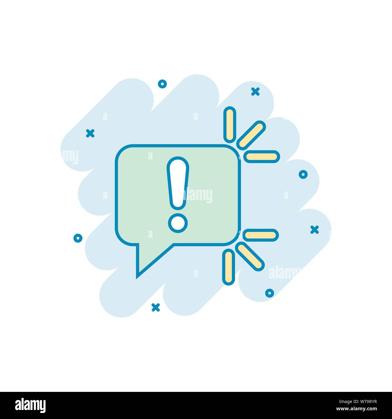 Attention sign icon in comic style. Warning banner vector cartoon ...