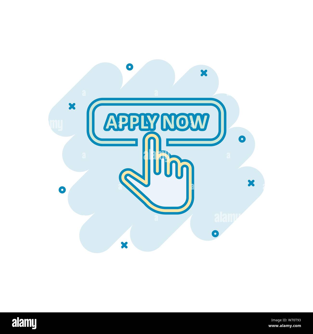 Apply now icon in comic style. Finger cursor vector cartoon ...