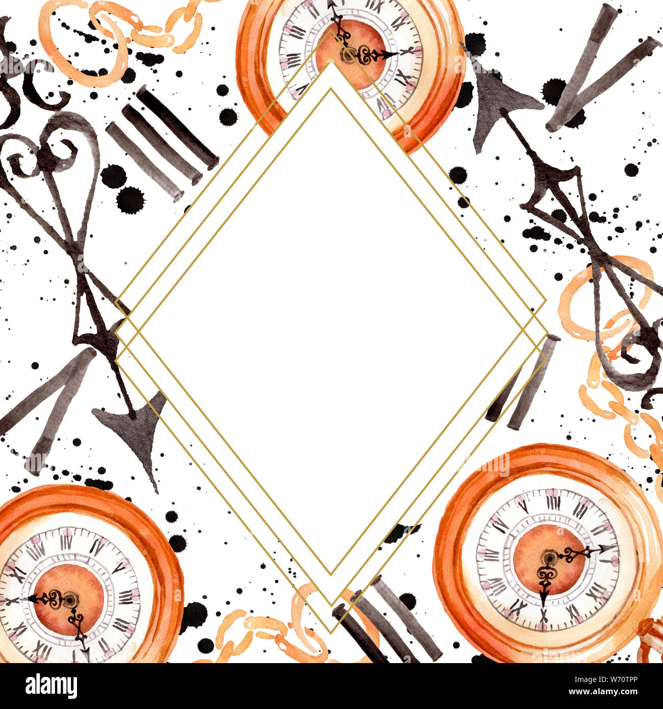 Vintage old clock pocket watch. Watercolor background illustration set ...