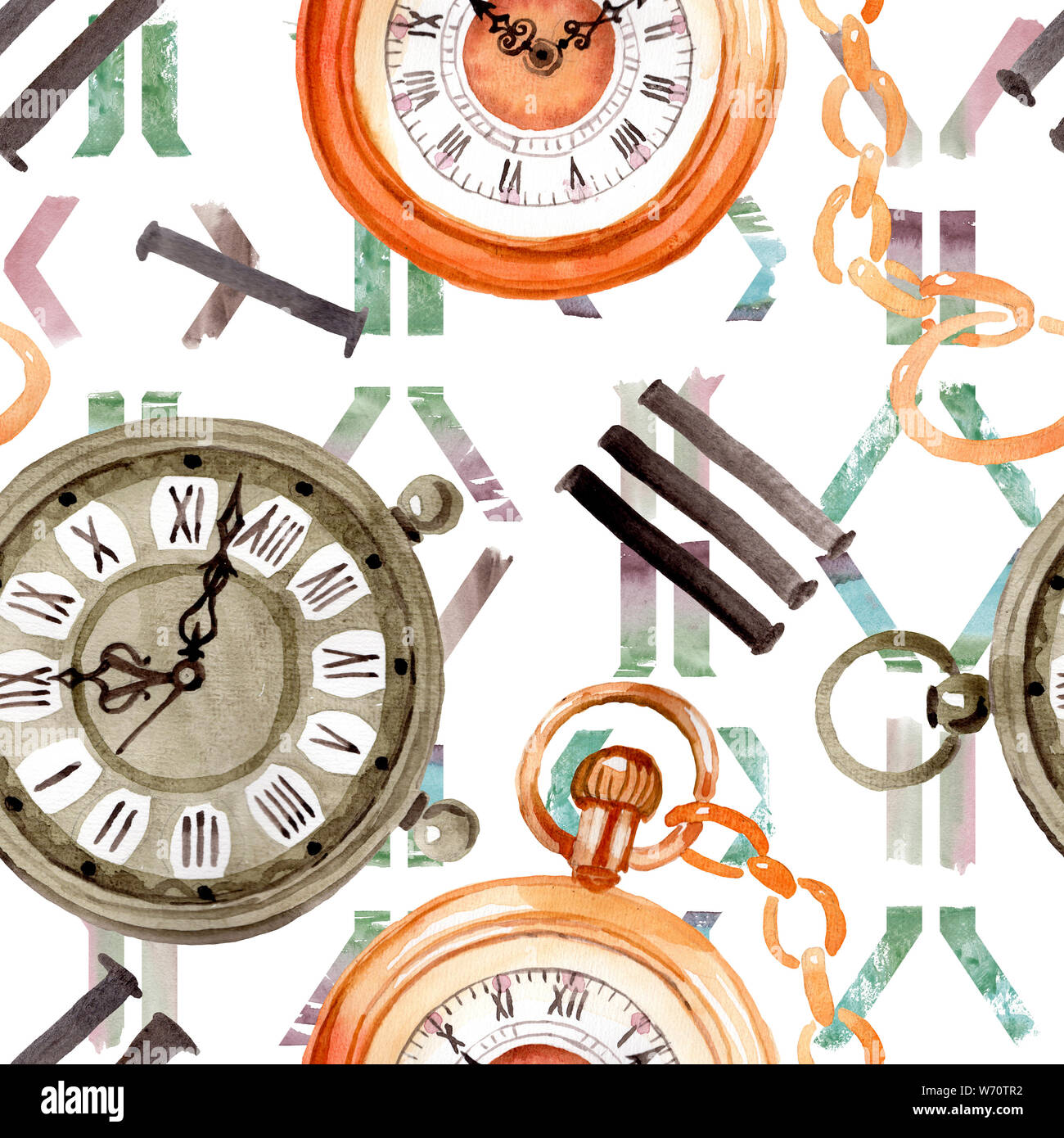 Vintage old clock pocket watch. Watercolor background illustration set ...