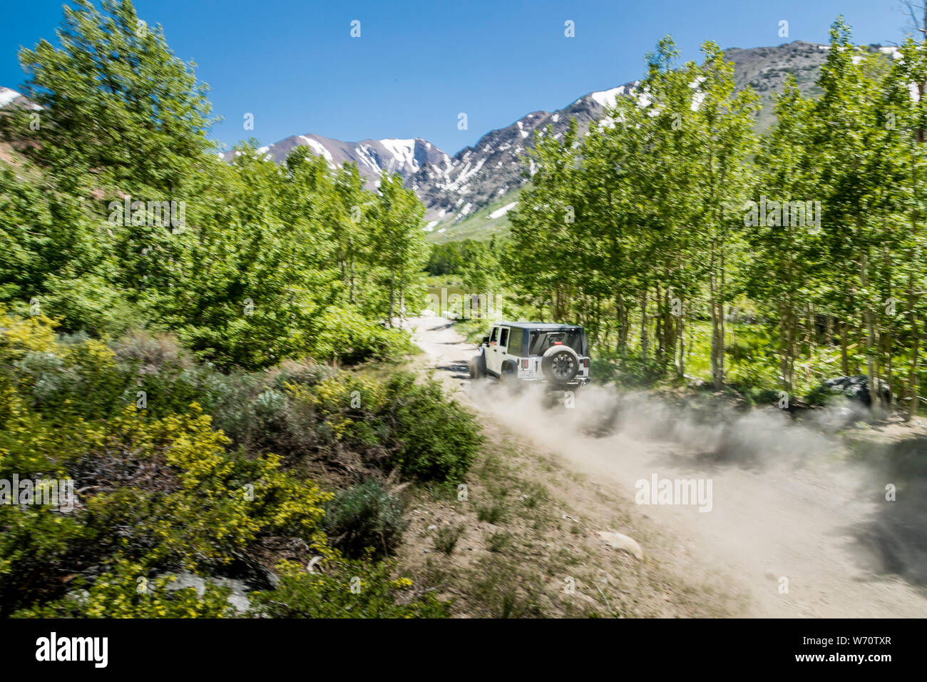Jeep on dirt road in Sierras with mountain peaks and green valley Stock ...