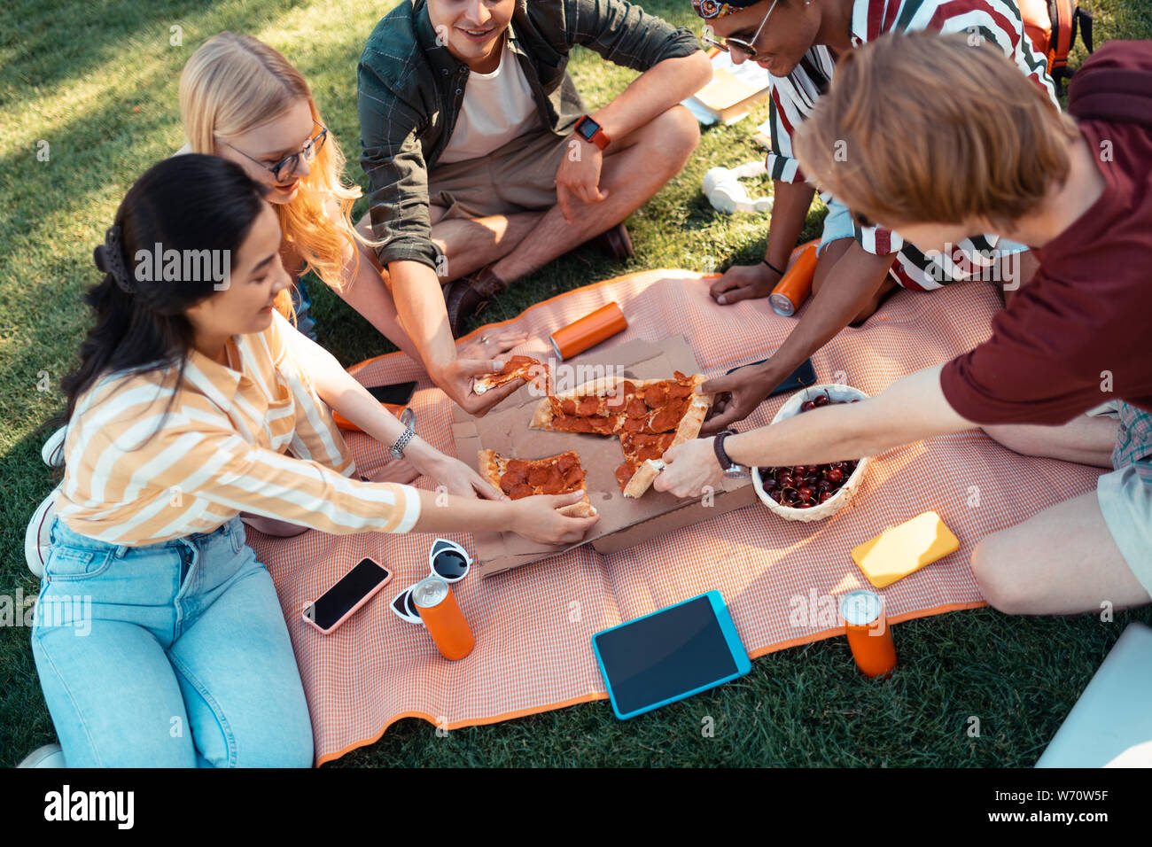 Friends sharing pizza on their evening picnic Stock Photo - Alamy