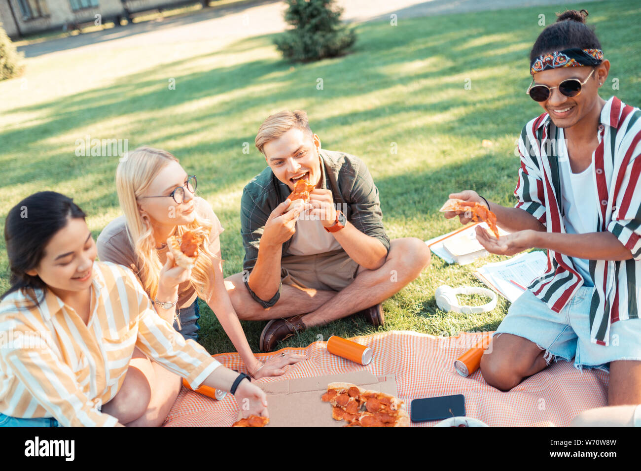Friends telling funny stories during their picnic Stock Photo - Alamy