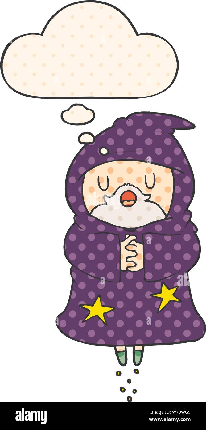 cartoon floating wizard with thought bubble in comic book style Stock ...