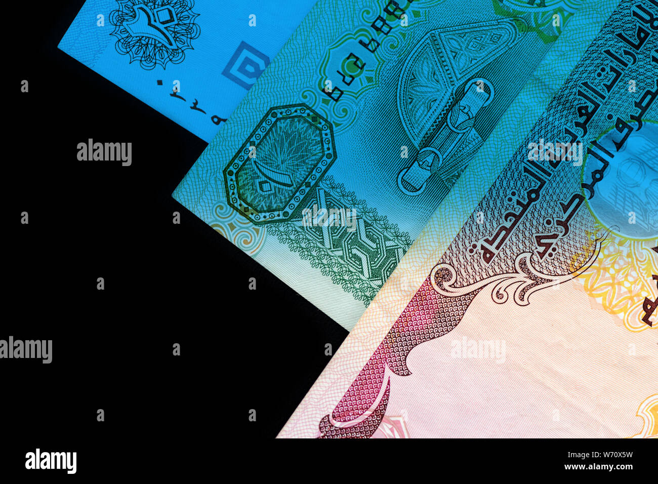 UAE dirham currency notes close up. Money background blue color toned ...