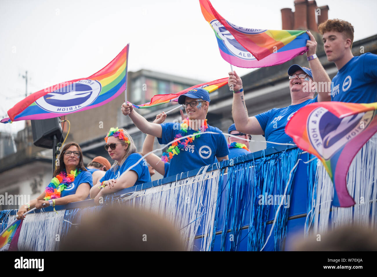 Brighton, UK. 3rd August 2019. The Brighton & Hove Pride parade floats ...