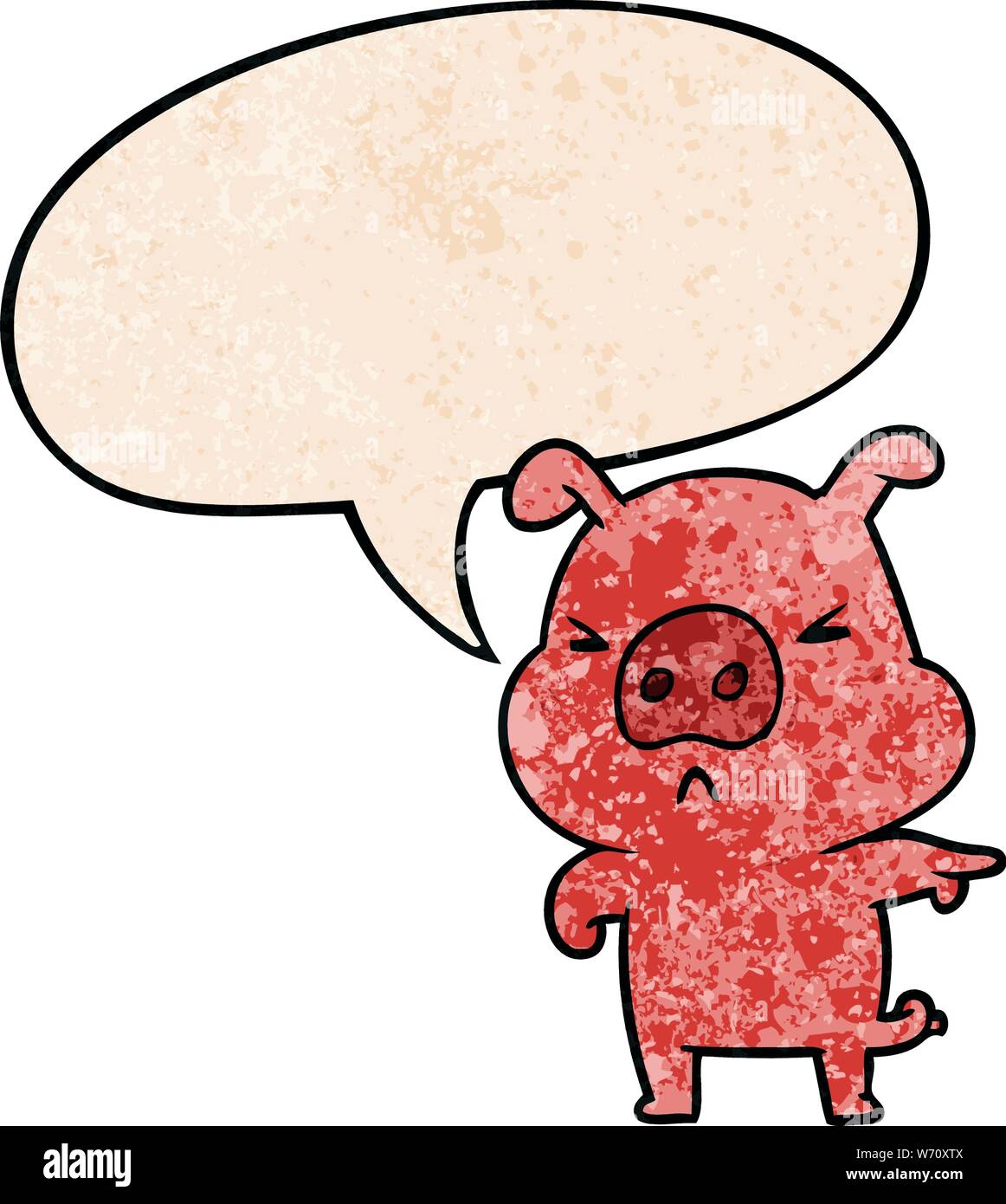 cartoon angry pig pointing with speech bubble in retro texture style ...