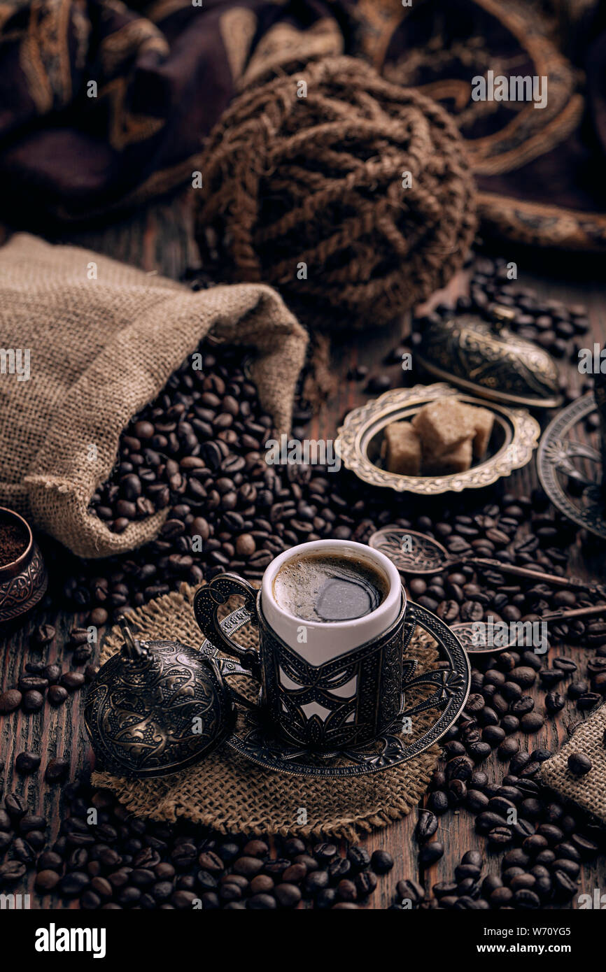 Traditional Turkish coffee setup with scattered coffee beans Stock ...
