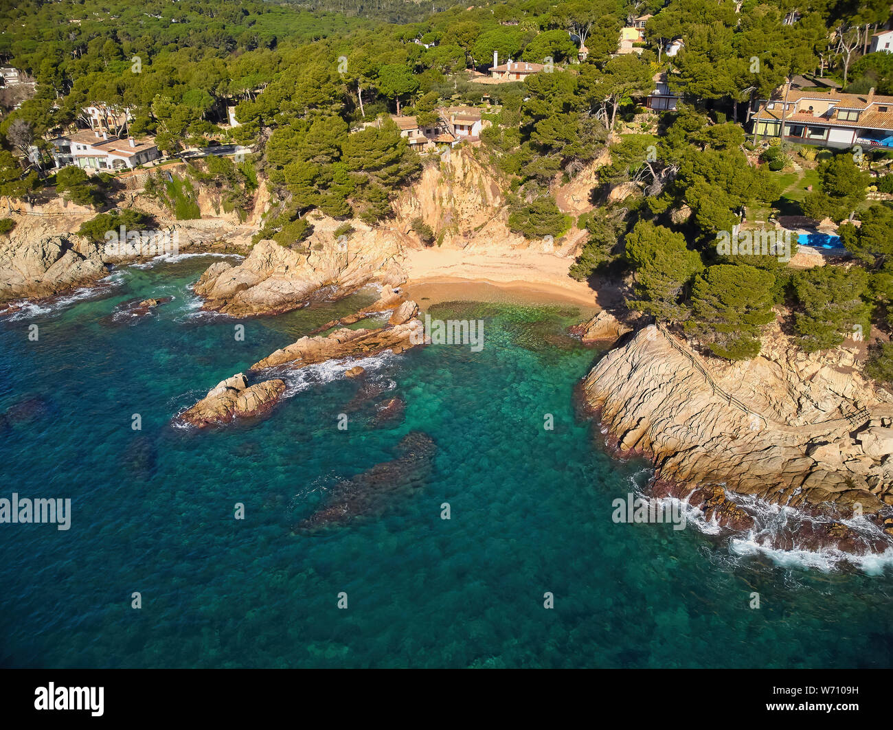 Aerial picture over the Costa Brava coastal, near the small town ...