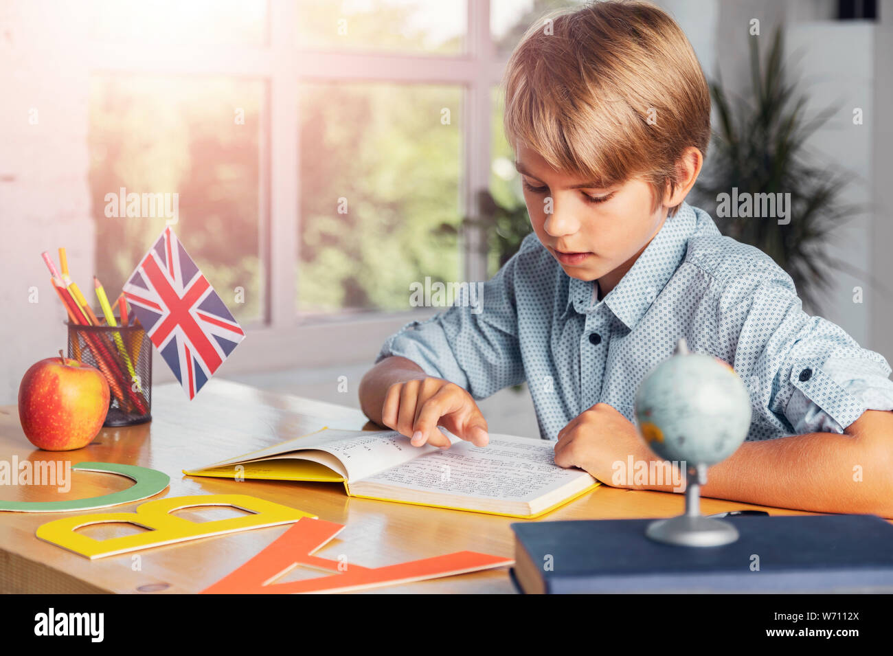 Smart schoolboy reading english textbook, studying languages in early ...