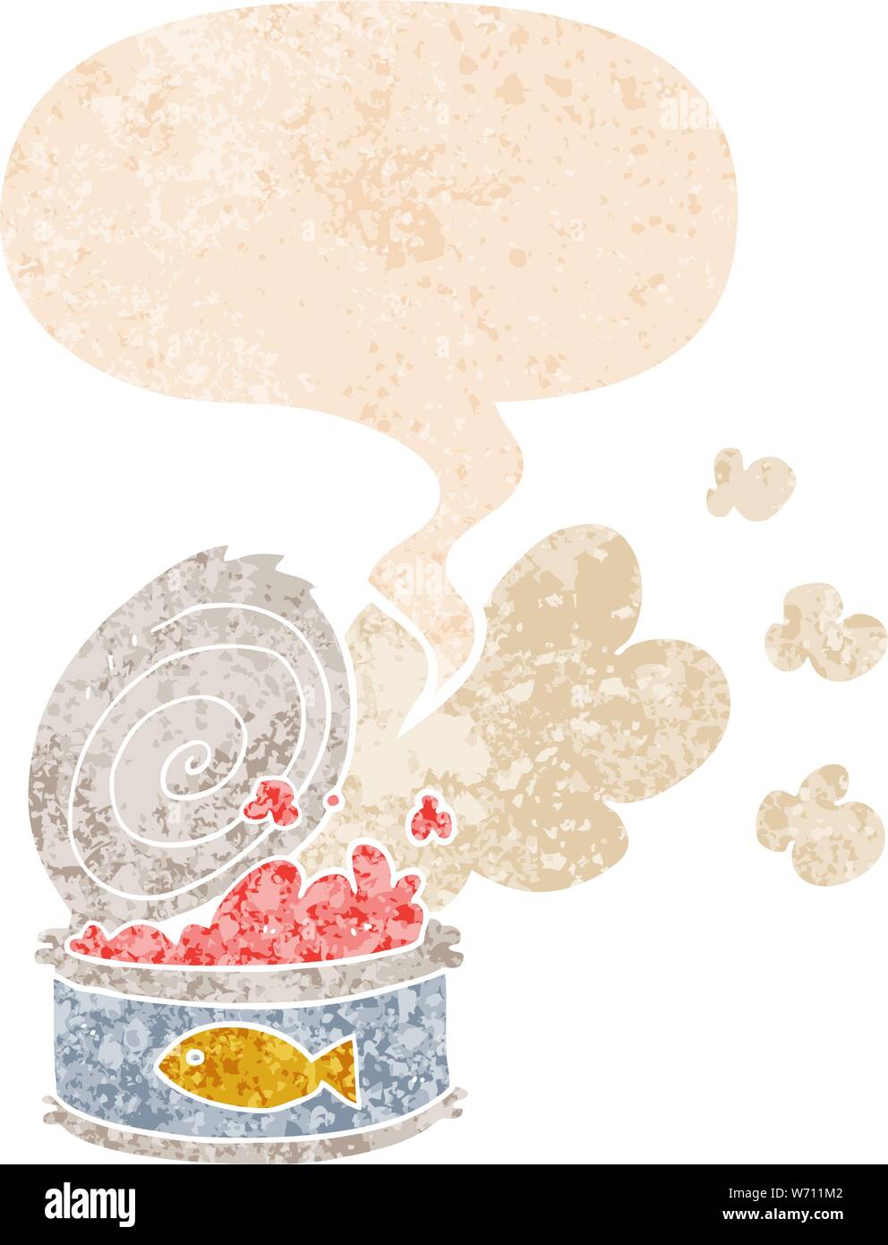 cartoon smelly can of fish with speech bubble in grunge distressed ...
