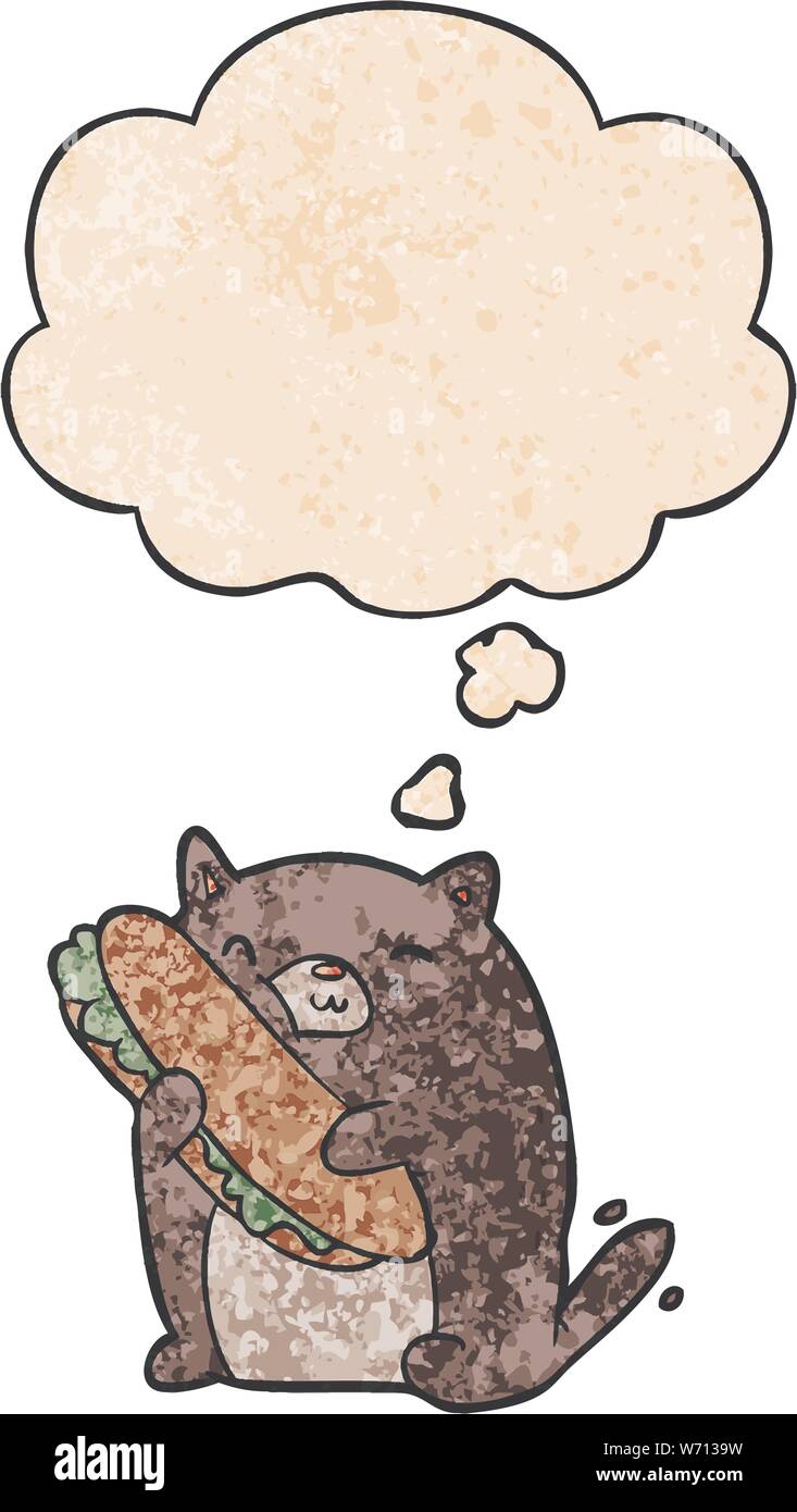 cartoon cat with sandwich with thought bubble in grunge texture style ...