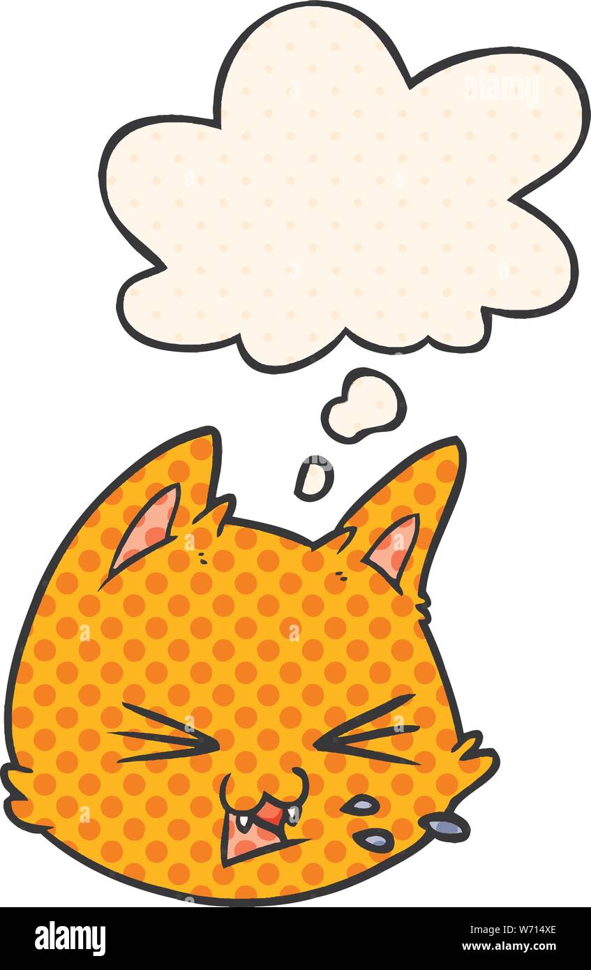 spitting cartoon cat face with thought bubble in comic book style Stock ...