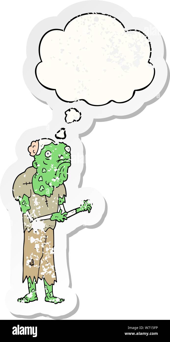 cartoon zombie with thought bubble as a distressed worn sticker Stock ...