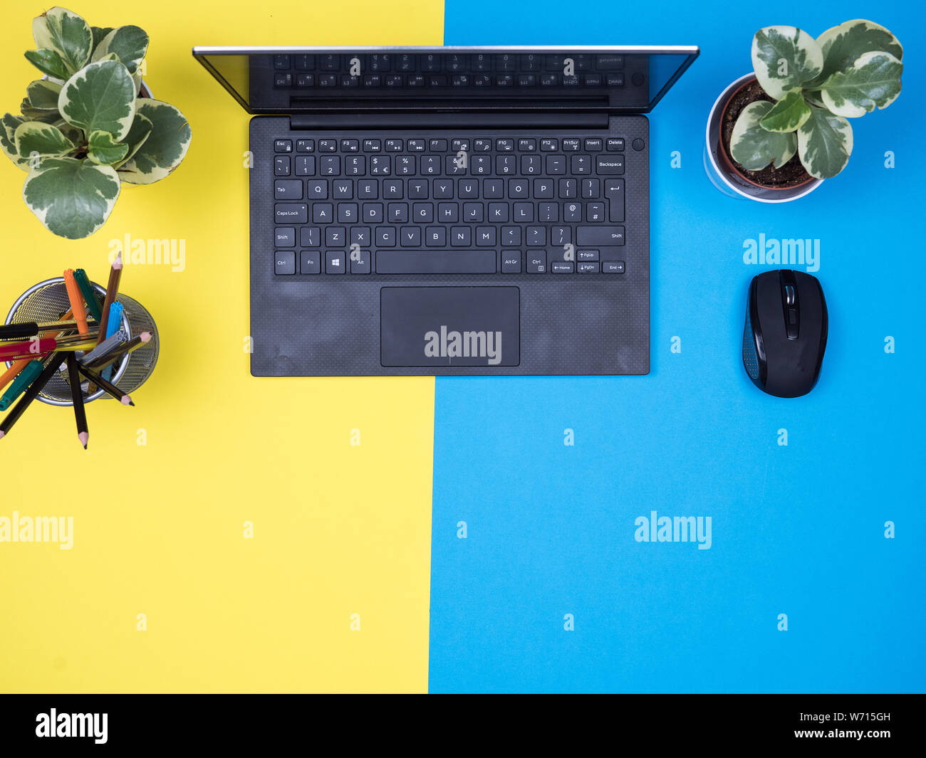 Flat lay top view of modern notebook over blue background. Copy space ...