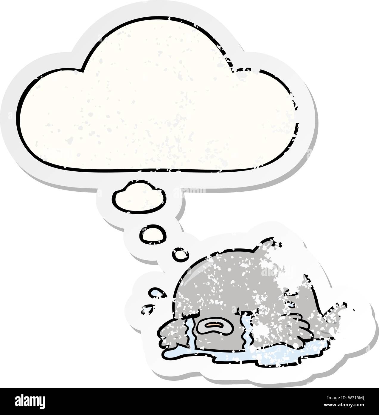 cartoon crying fish with thought bubble as a distressed worn sticker ...