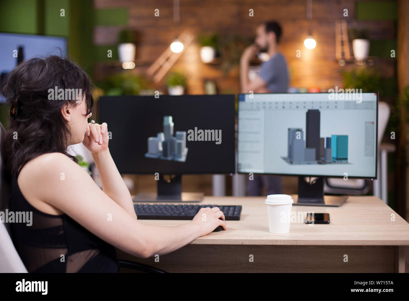 Back view of project leader working on her computer. Freelance female ...