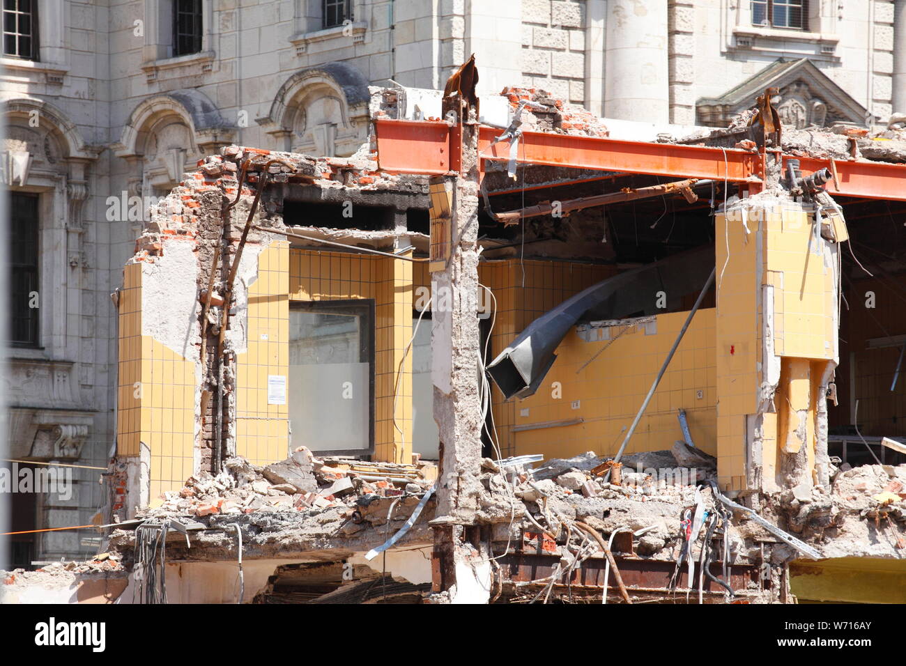 House demolition, remains of walls and ruins of a demolished house ...