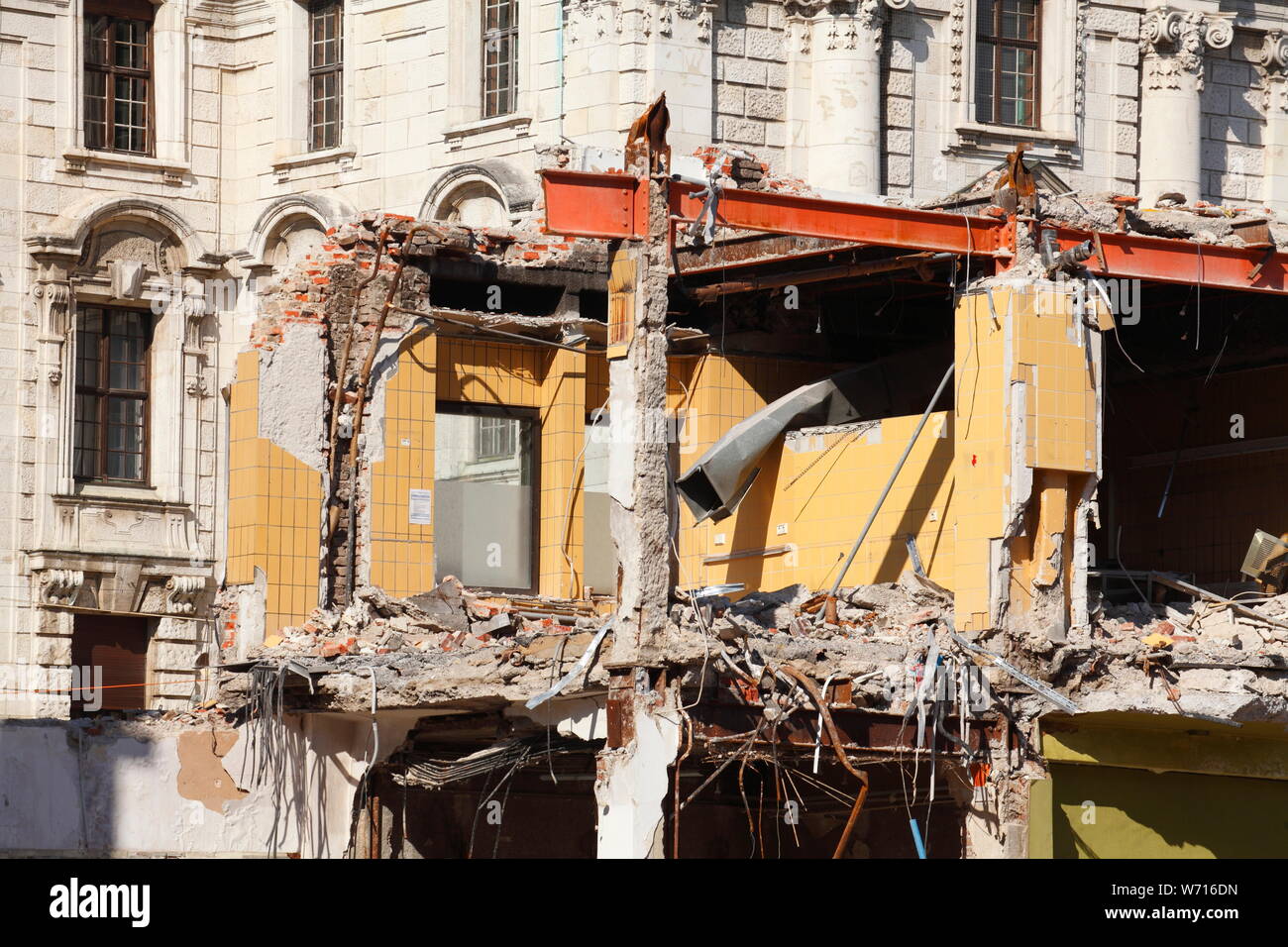 House demolition, remains of walls and ruins of a demolished house ...
