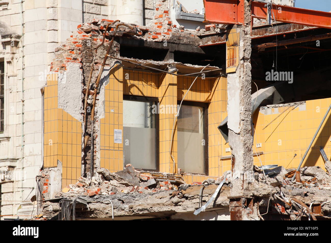 House demolition, remains of walls and ruins of a demolished house ...