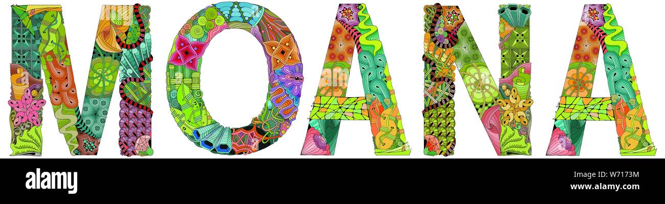 Hand-painted art design. Hand drawn illustration female name MOANA for ...