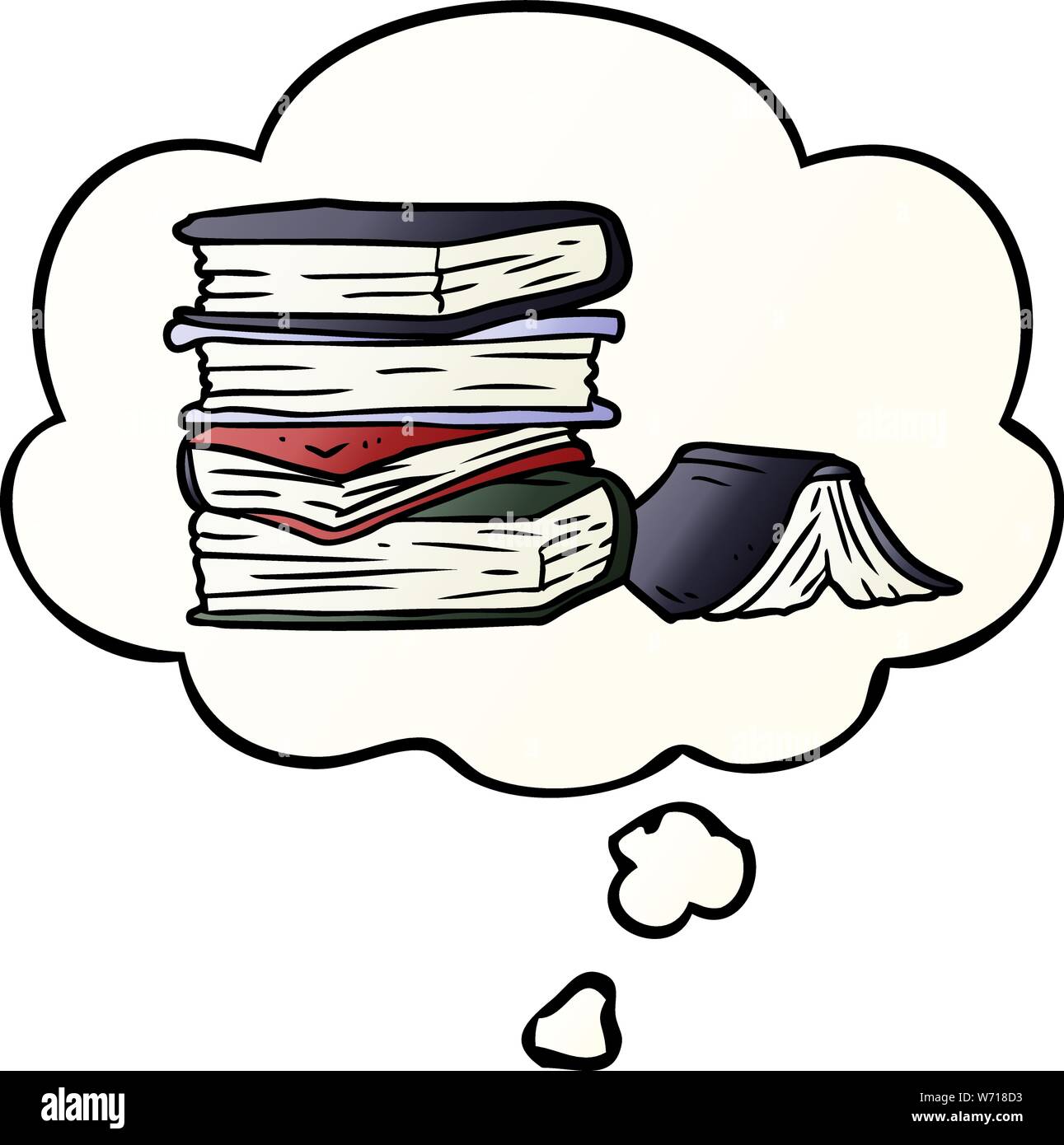 cartoon pile of books with thought bubble in smooth gradient style ...
