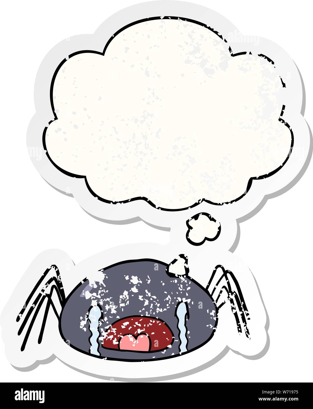 cartoon crying spider with thought bubble as a distressed worn sticker ...