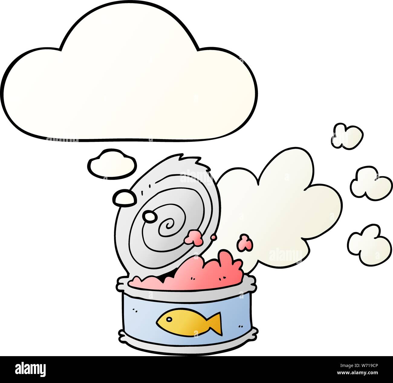 cartoon smelly can of fish with thought bubble in smooth gradient style ...