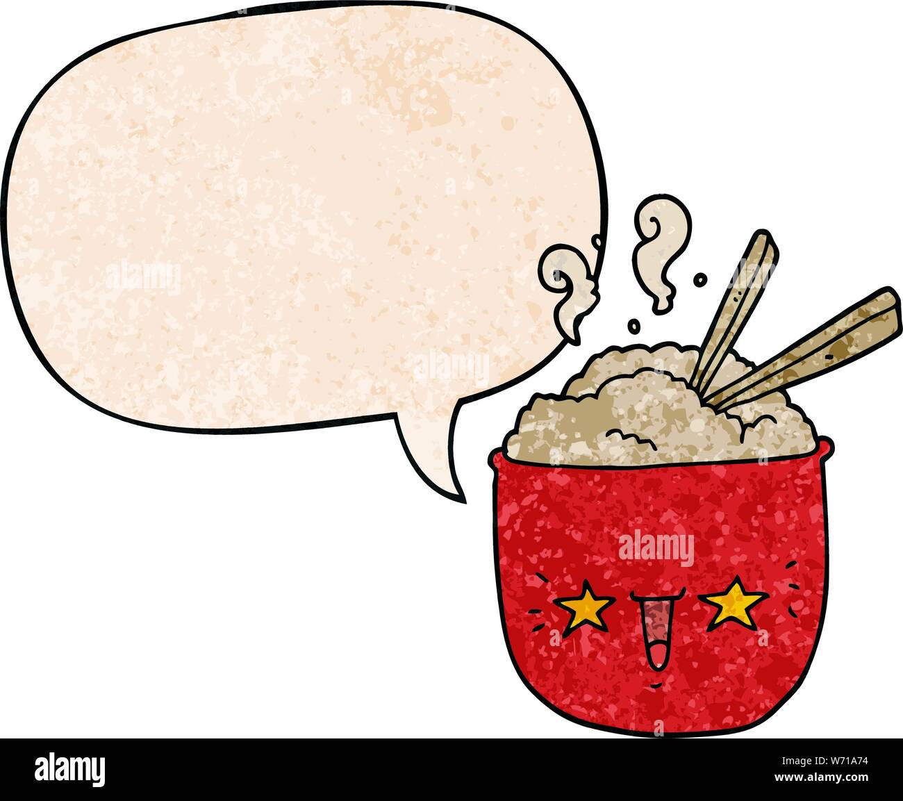 cartoon rice bowl with face with speech bubble in retro texture style ...