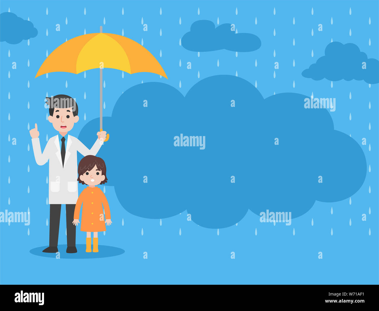 Cute girl wearing orange raincoat with doctor holding yellow umbrella ...