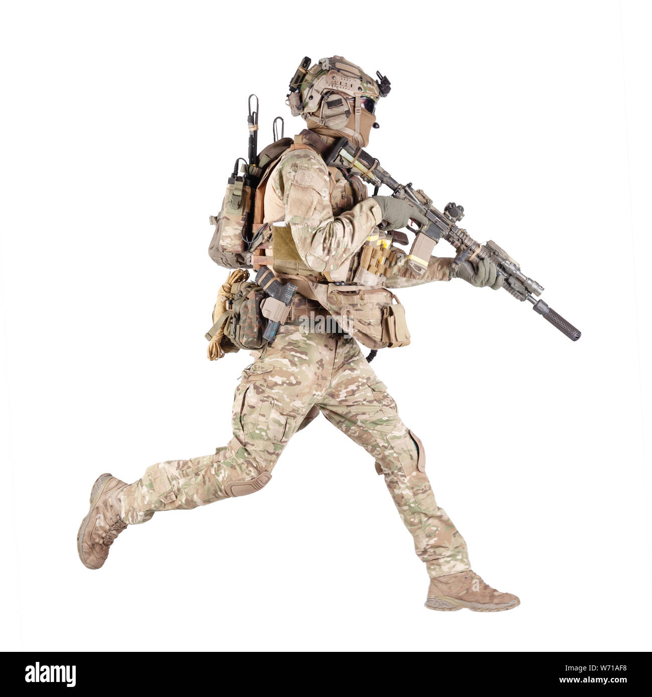 Army soldier, equipped infantryman, airsoft player in camouflage battle ...