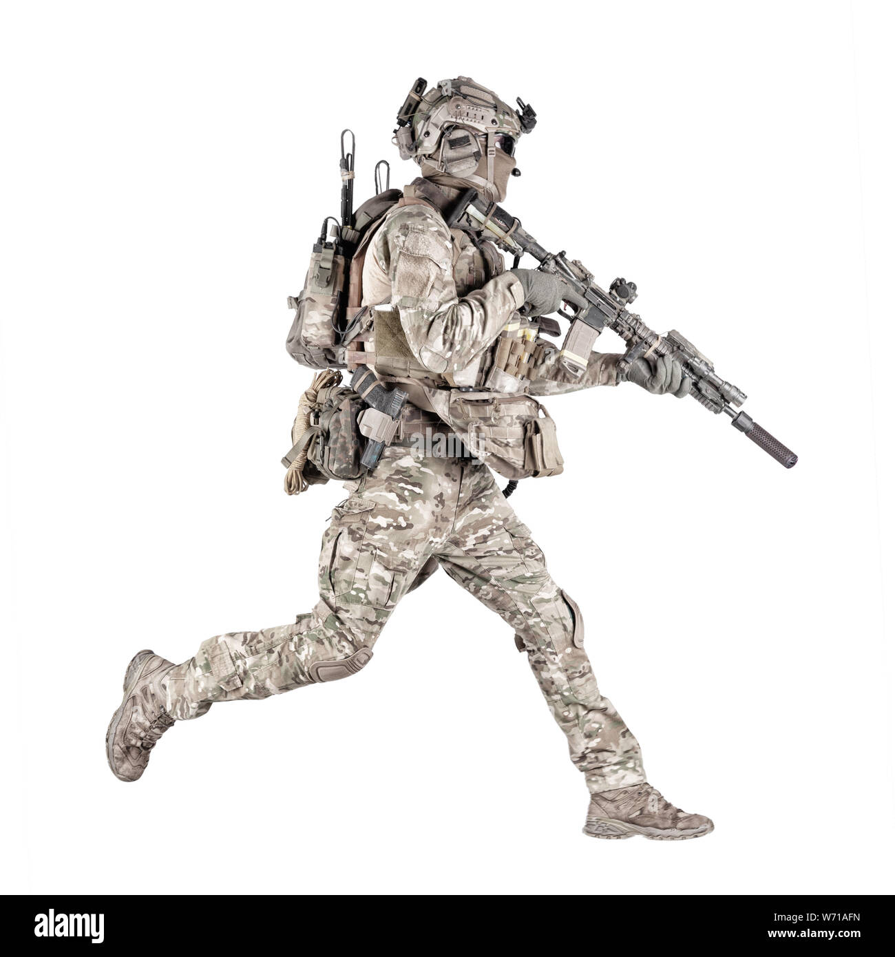 Army soldier, equipped infantryman, airsoft player in camouflage battle ...