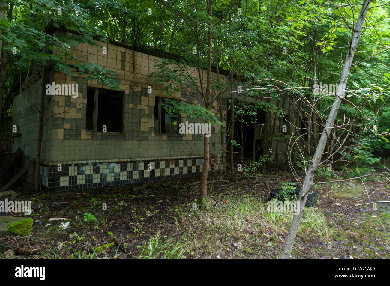 The old building of the Soviet era. Garage in the Chernobyl region ...