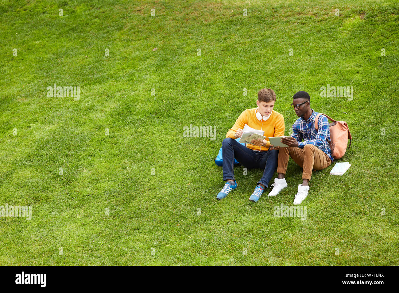 Wide angle portrait of two students sitting on green grass in campus ...