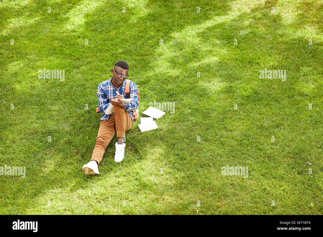 Wide angle portrait of African-American student sitting on green grass ...