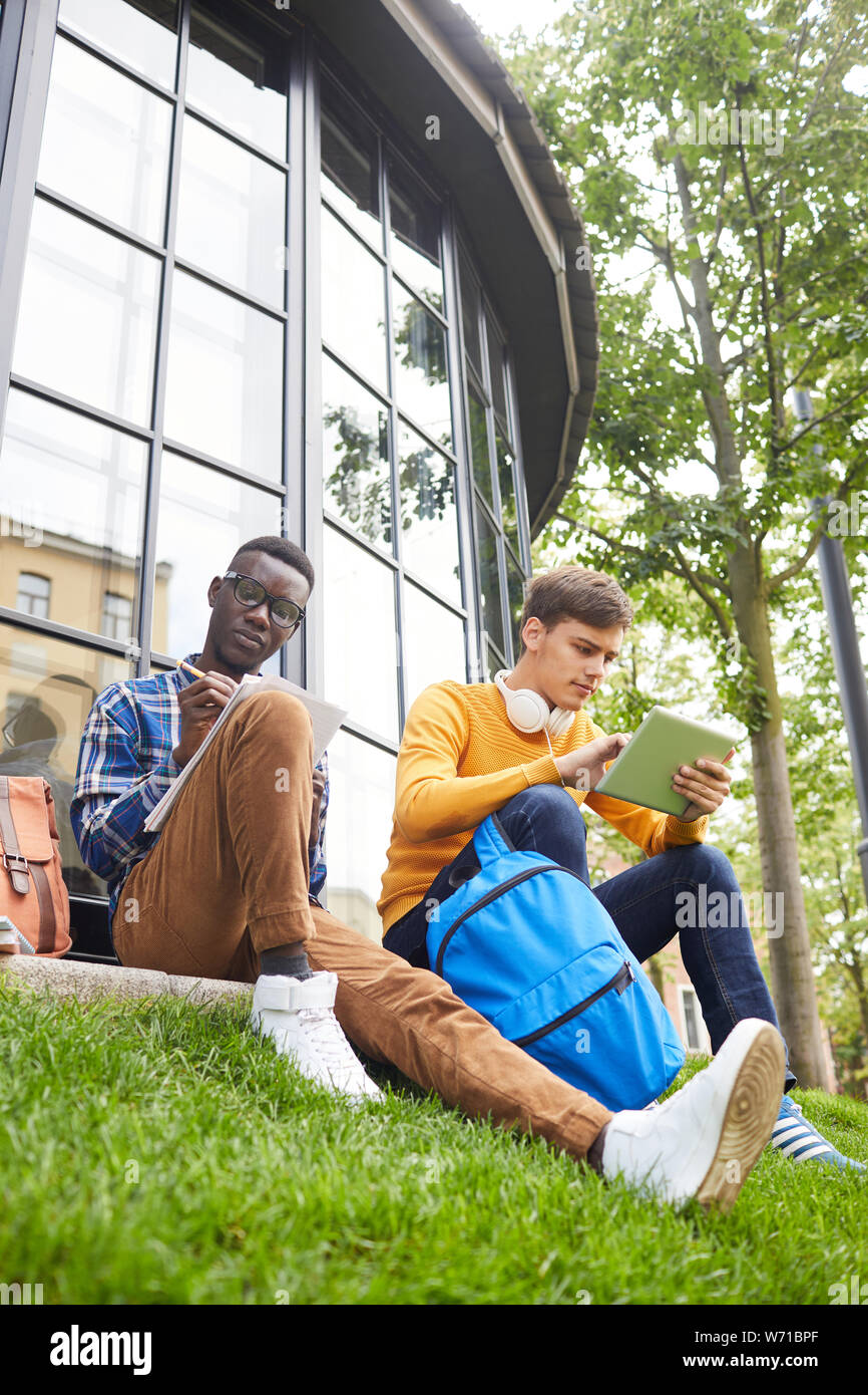 Low angle portrait of two students sitting on green grass in campus and ...