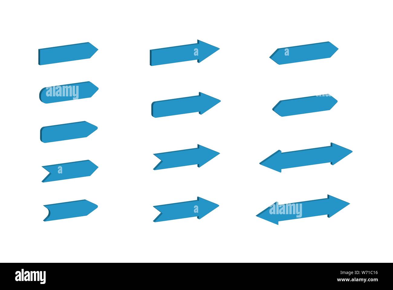 Set of blue three-dimensional arrows of different shapes and ...