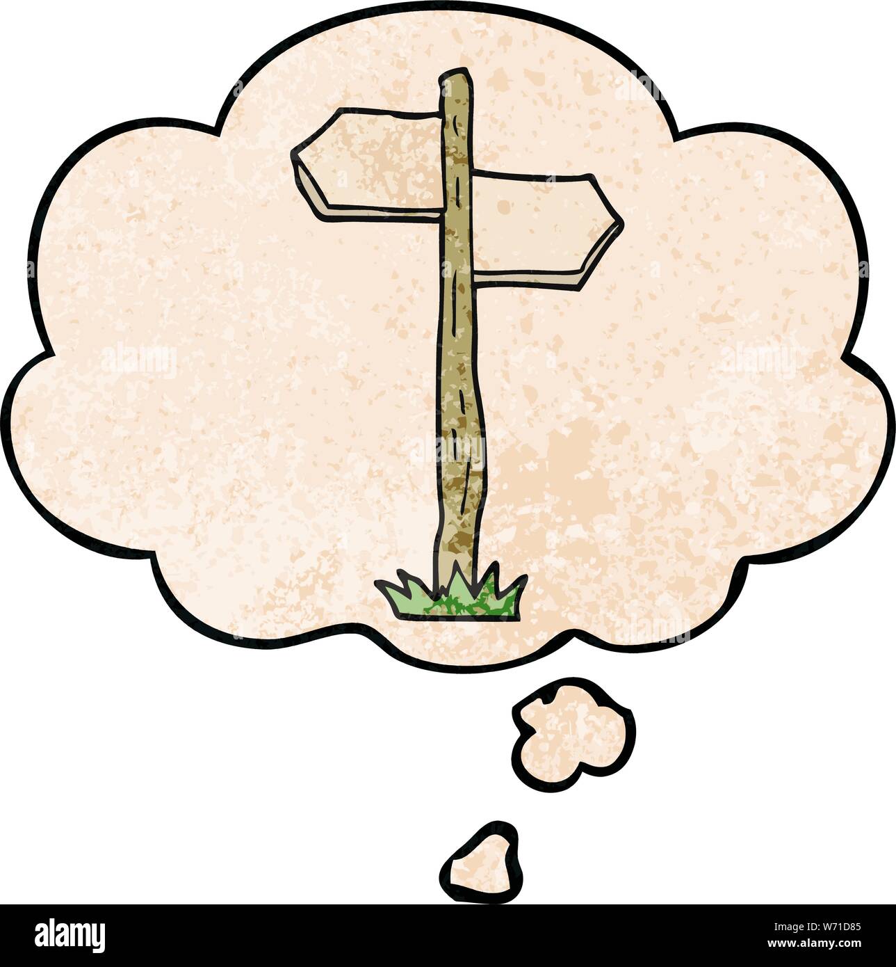 cartoon old direction sign with thought bubble in grunge texture style ...