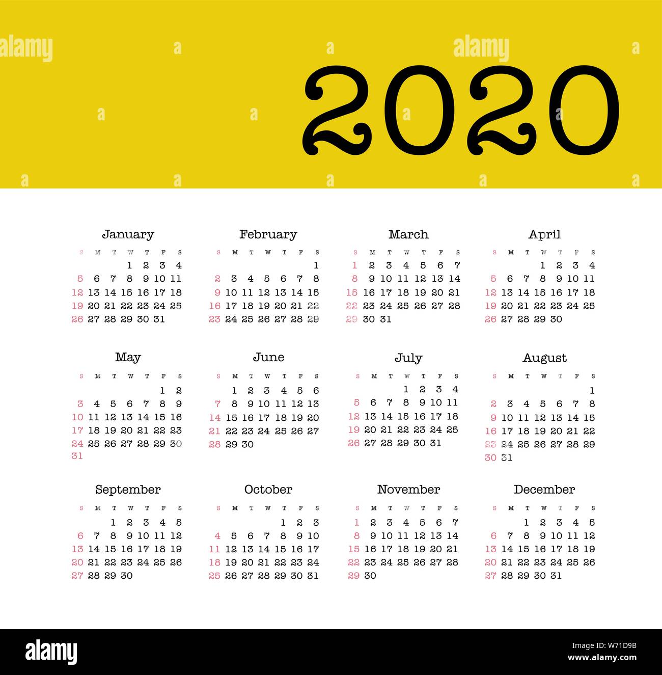 Calendar 2020 year. Color vector template. Week starts on Sunday. Basic ...