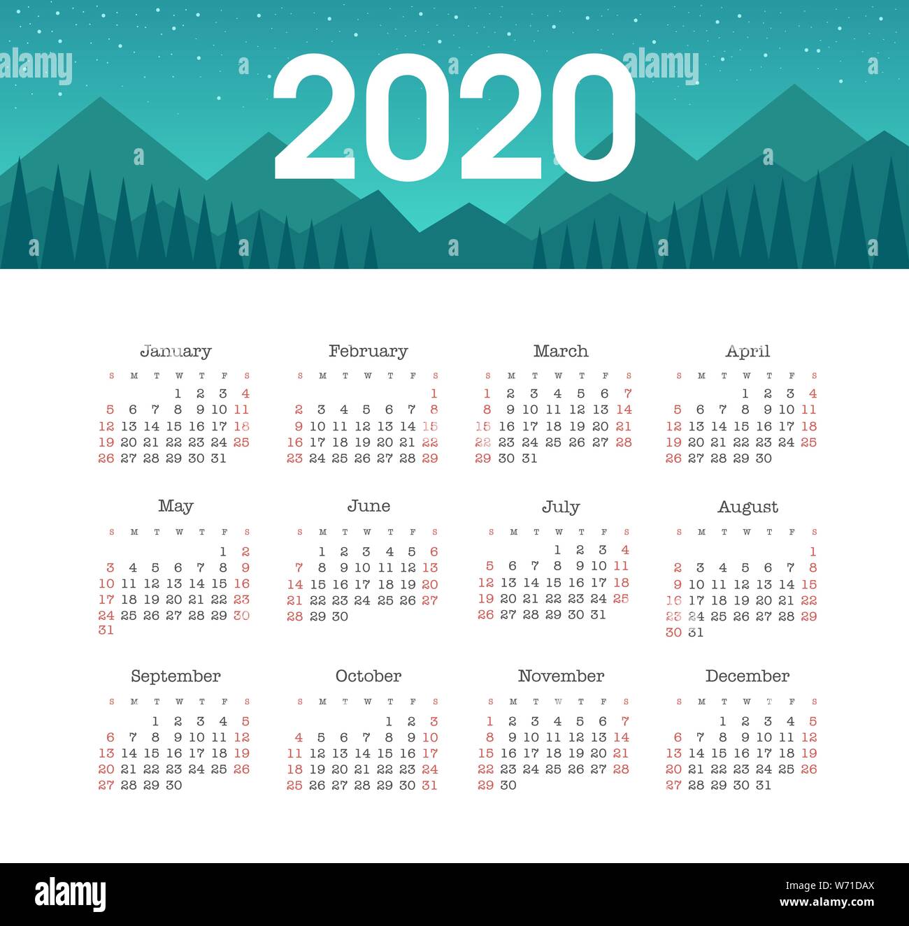 Calendar 2020 year with Mountain Landscape. Color vector template. Week ...