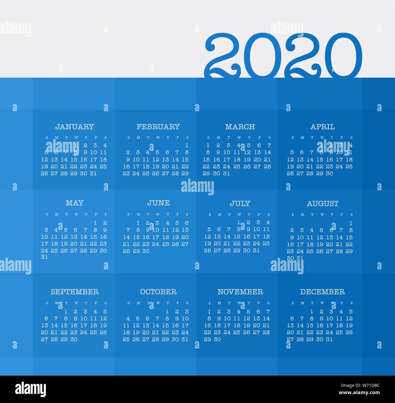 Calendar 2020 year. Color vector template. Week starts on Sunday. Basic ...