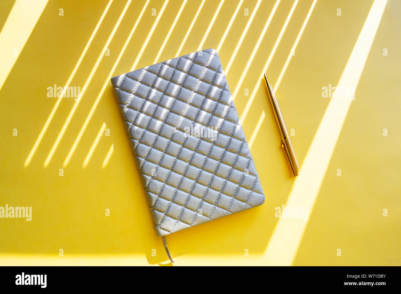 Notebook and pen on a yellow background. View from above. The concept ...
