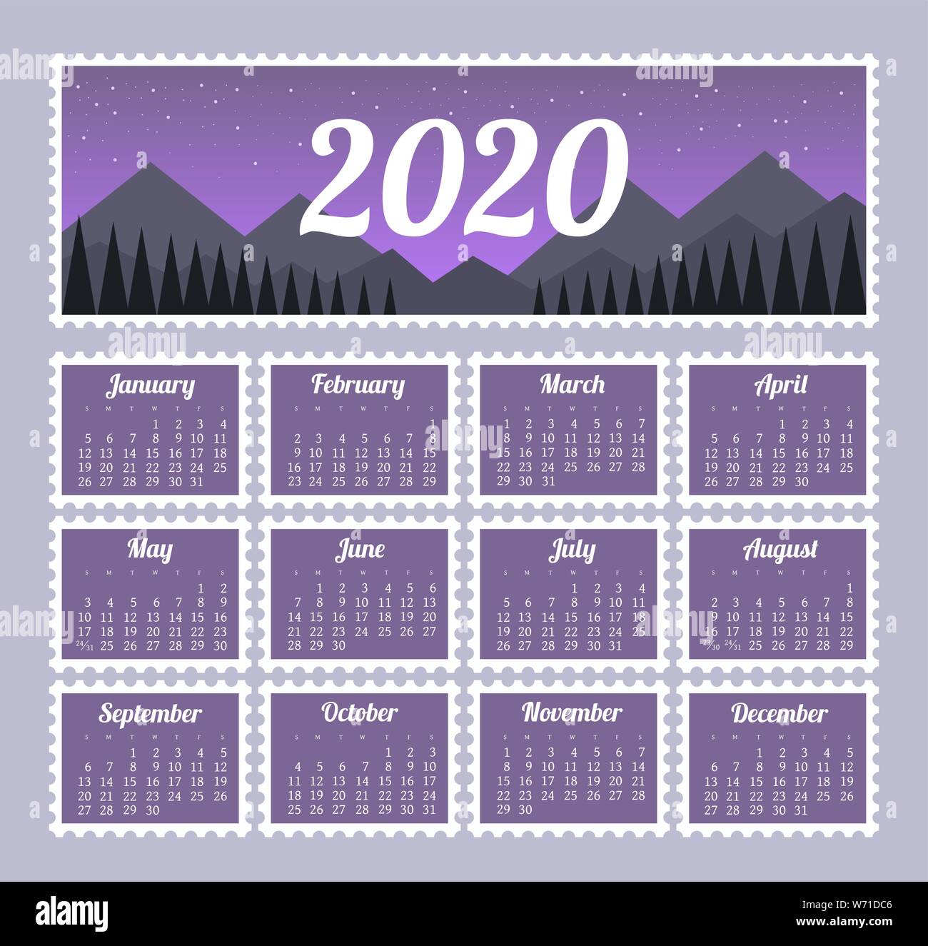 Calendar 2020 year with Mountain Landscape. Color vector template. Week ...