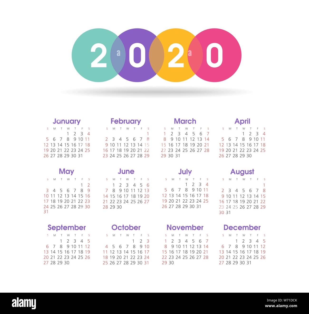 Calendar 2020 year. Color vector template. Week starts on Sunday. Basic ...